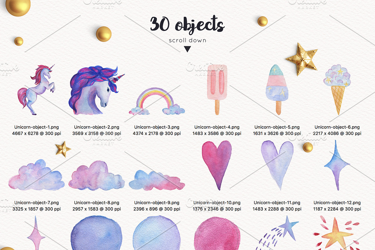 Unicorn objects and patterns set, an Object Illustration by likorbut