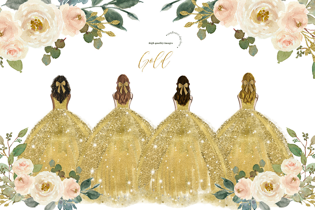 Gold Princess Dresses Clipart, an Illustration by Sunflower Day Love
