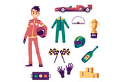 Set car racing icons or symbols with, a Person Illustration by Sabelskaya