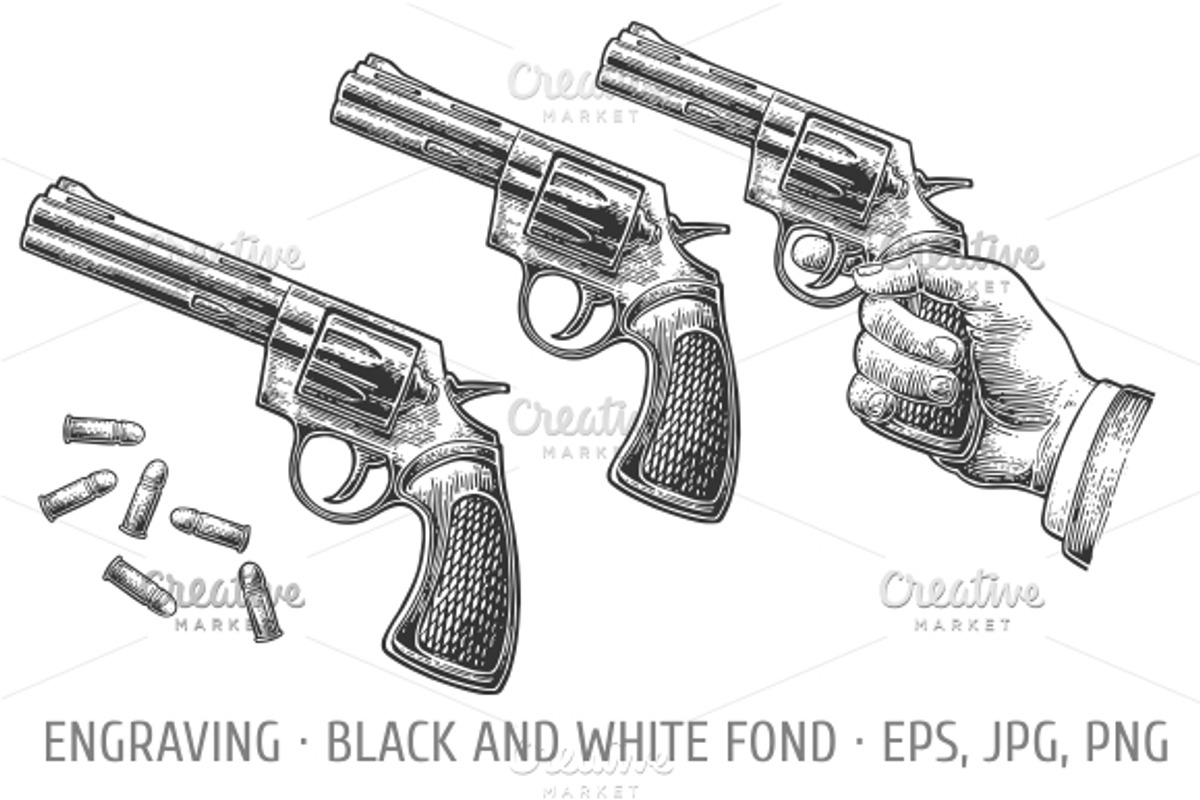Hand hold revolver and bullets, an Illustration by MoreVector