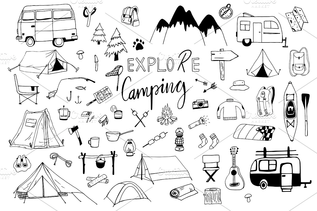 Camping Clipart. Doodle Icons PNG, an Outline Icon by BuzikArtShop