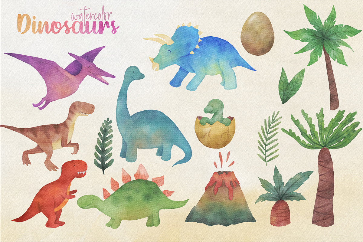 Watercolor Dinosaurs Clip Art, an Illustration by Peachycottoncandy