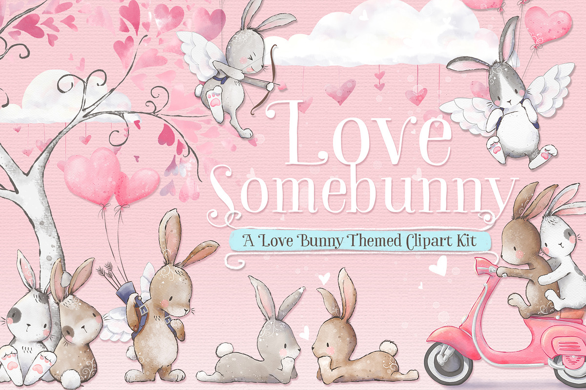 Cute Bunny Valentine's Clipart, an Animal Illustration by Pretty Little ...