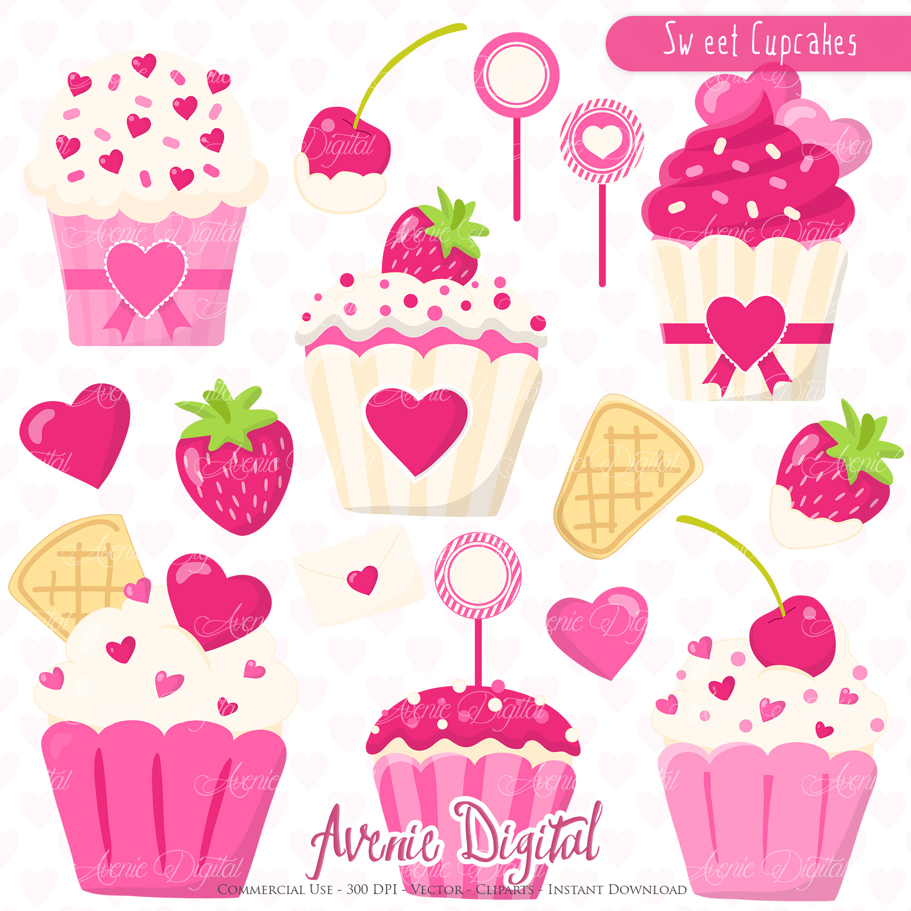 Valentines Cupcakes Clipart Vectors, an Illustration by Avenie Digital