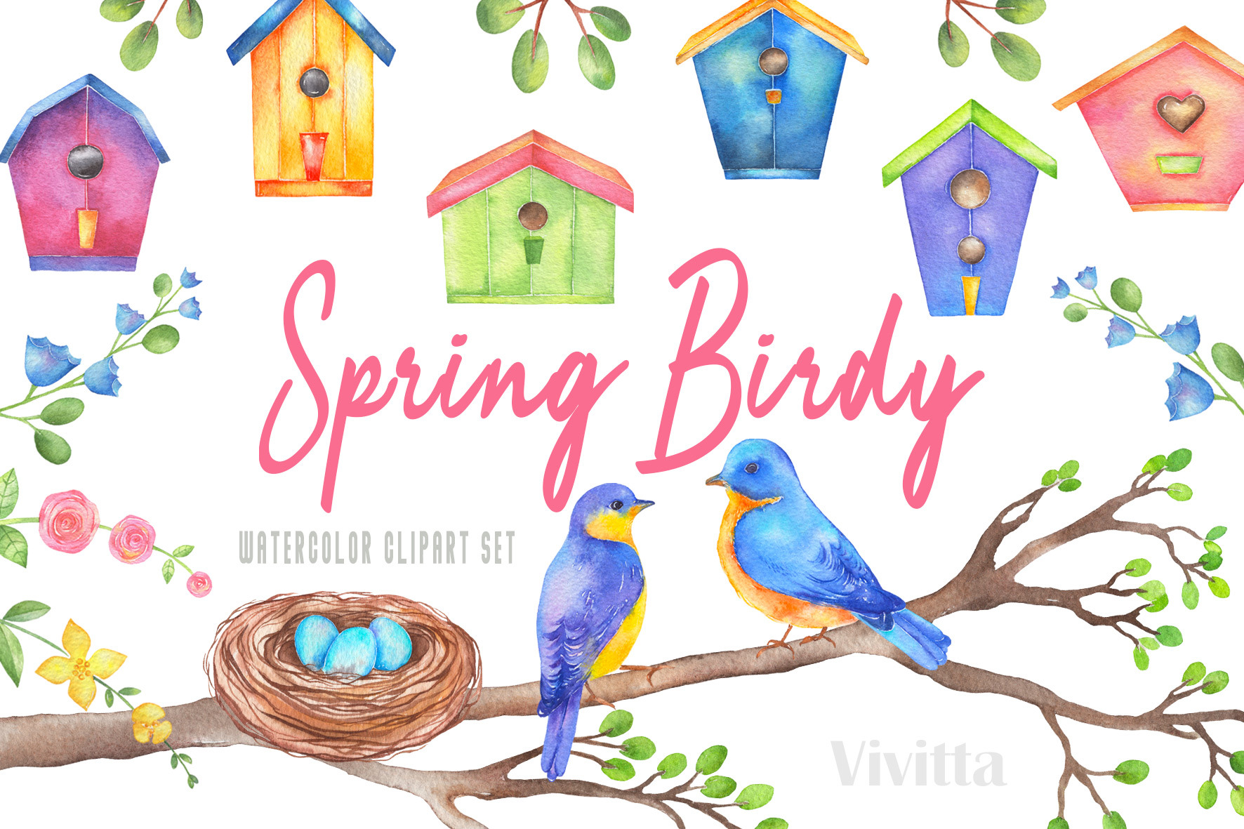 Watercolor Spring Birdy clipart set, an Animal Illustration by Vivitta
