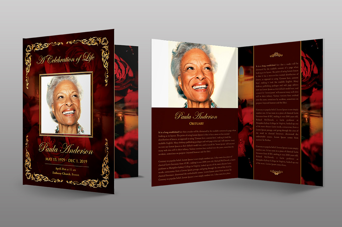 Gold Royal Rose Funeral Program, a Brochure Template by Royallove
