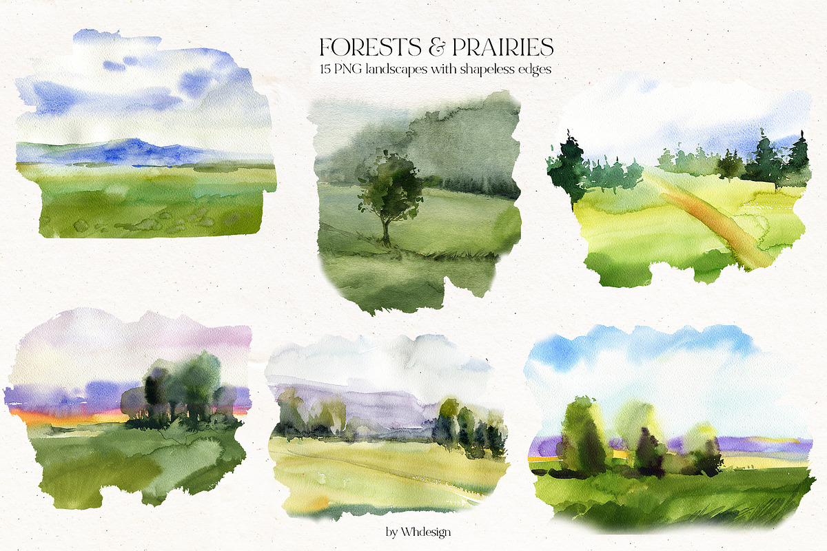 Watercolor Summer Landscapes and trees clip art.