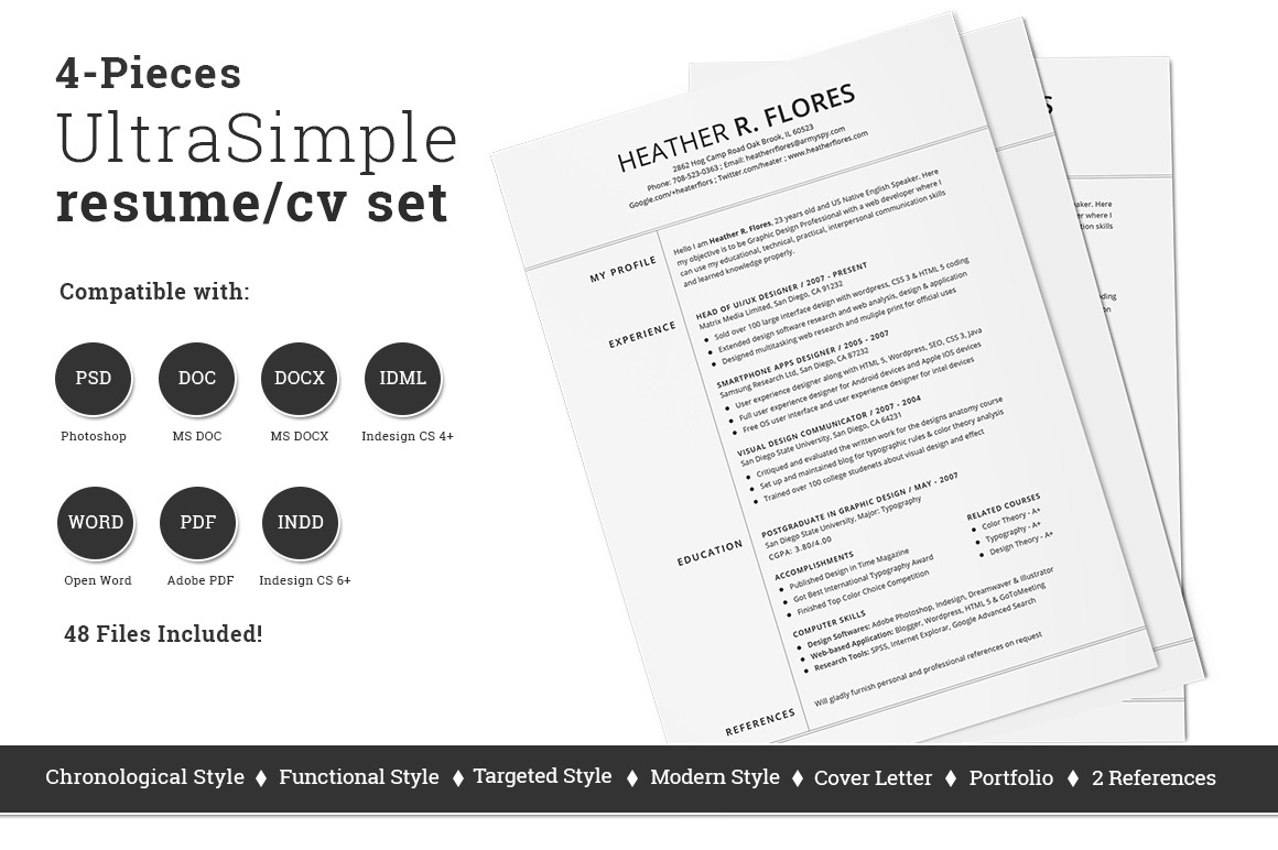 4 Pieces Resume/CV Set Template, a Resume Template by SNIPESCIENTIST