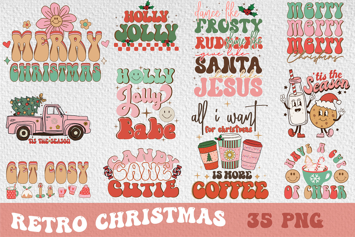 Retro Christmas Clipart Bundle PNG, an Illustration by ArtPrintBabe