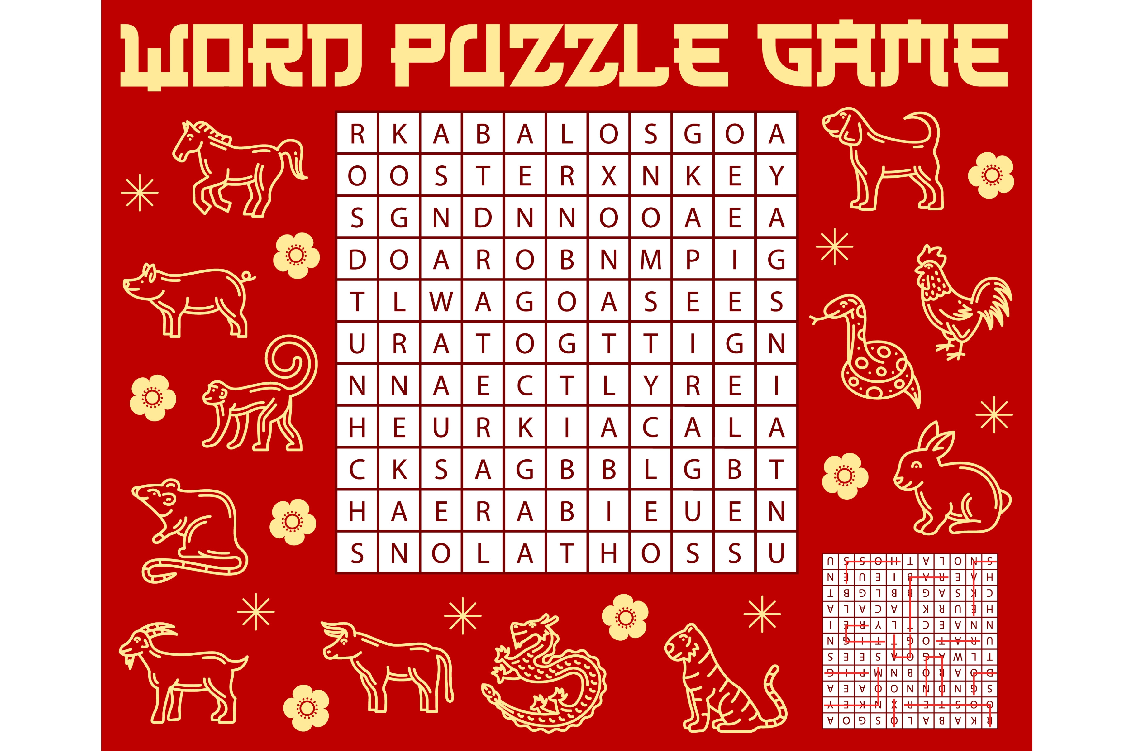 Chinese word search puzzle game, an Animal Illustration by Vector Tradition