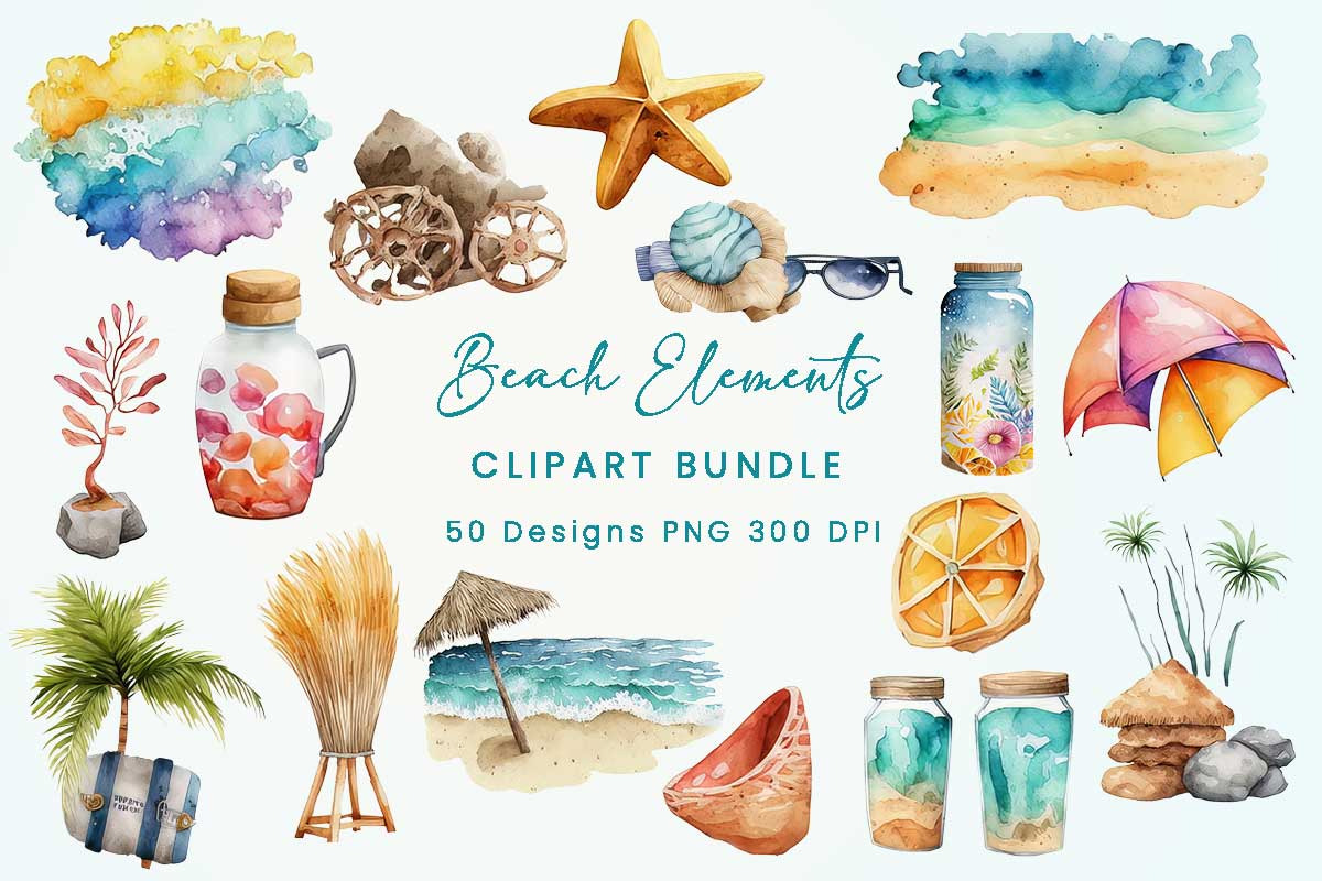 Beach Elements Clipart Bundle Design, an Object Illustration by Design ...