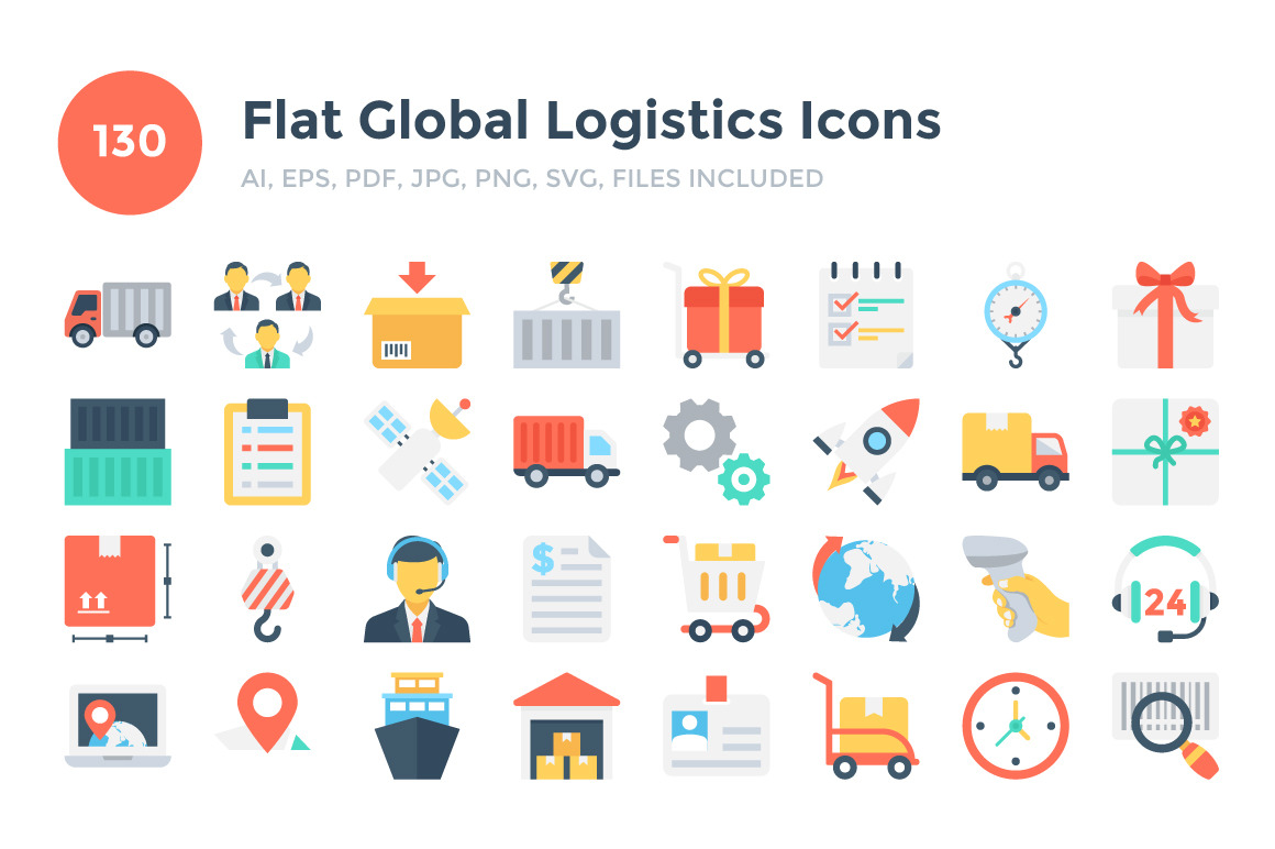 130 Flat Global Logistics Icons, an Outline Icon by Vectors Market