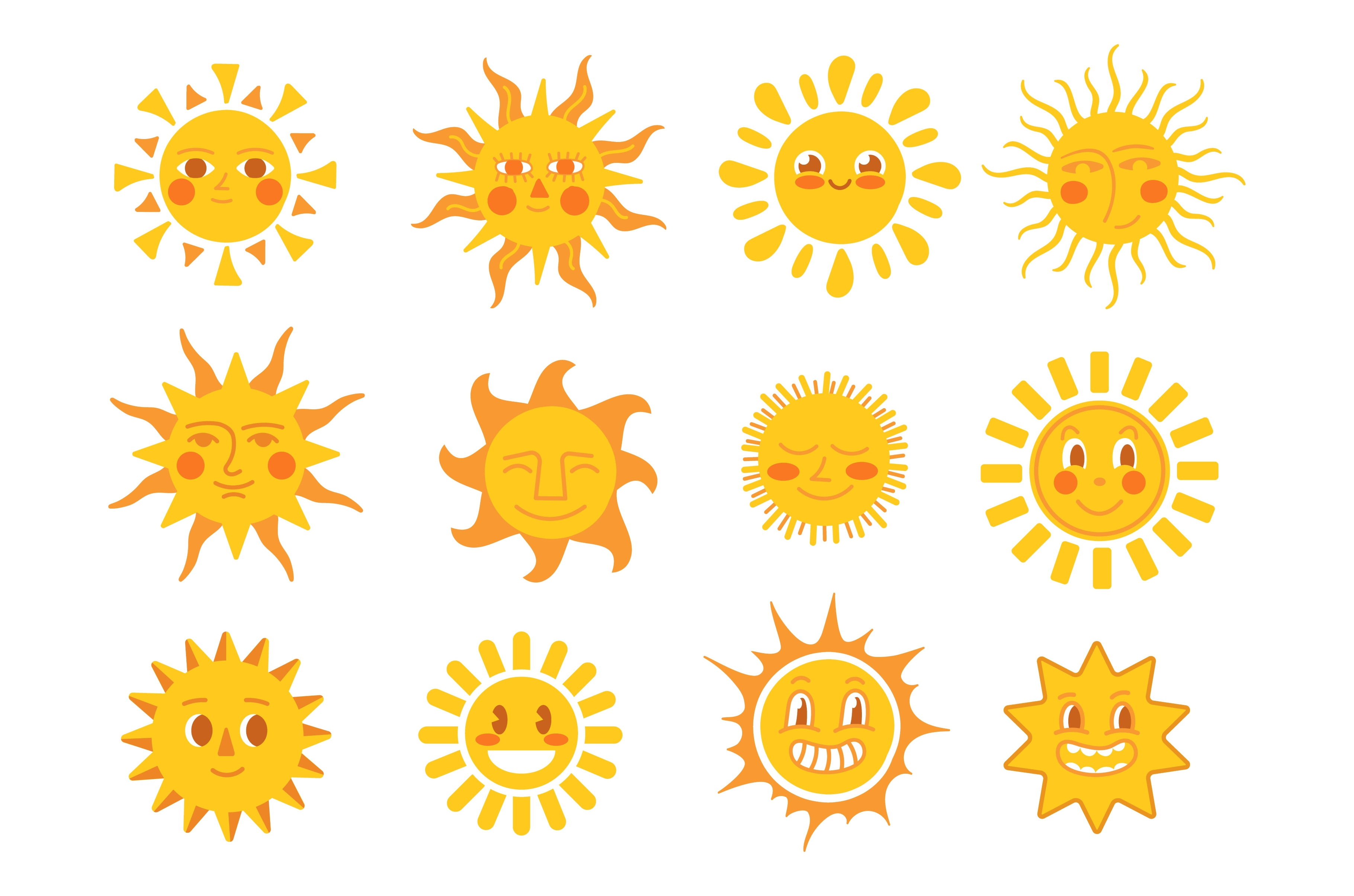 Yellow sun characters. Smile sun | Background Graphics ~ Creative Market