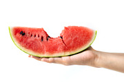 Fresh watermelon slice in half with bite mark. Fruits isolated o, a ...