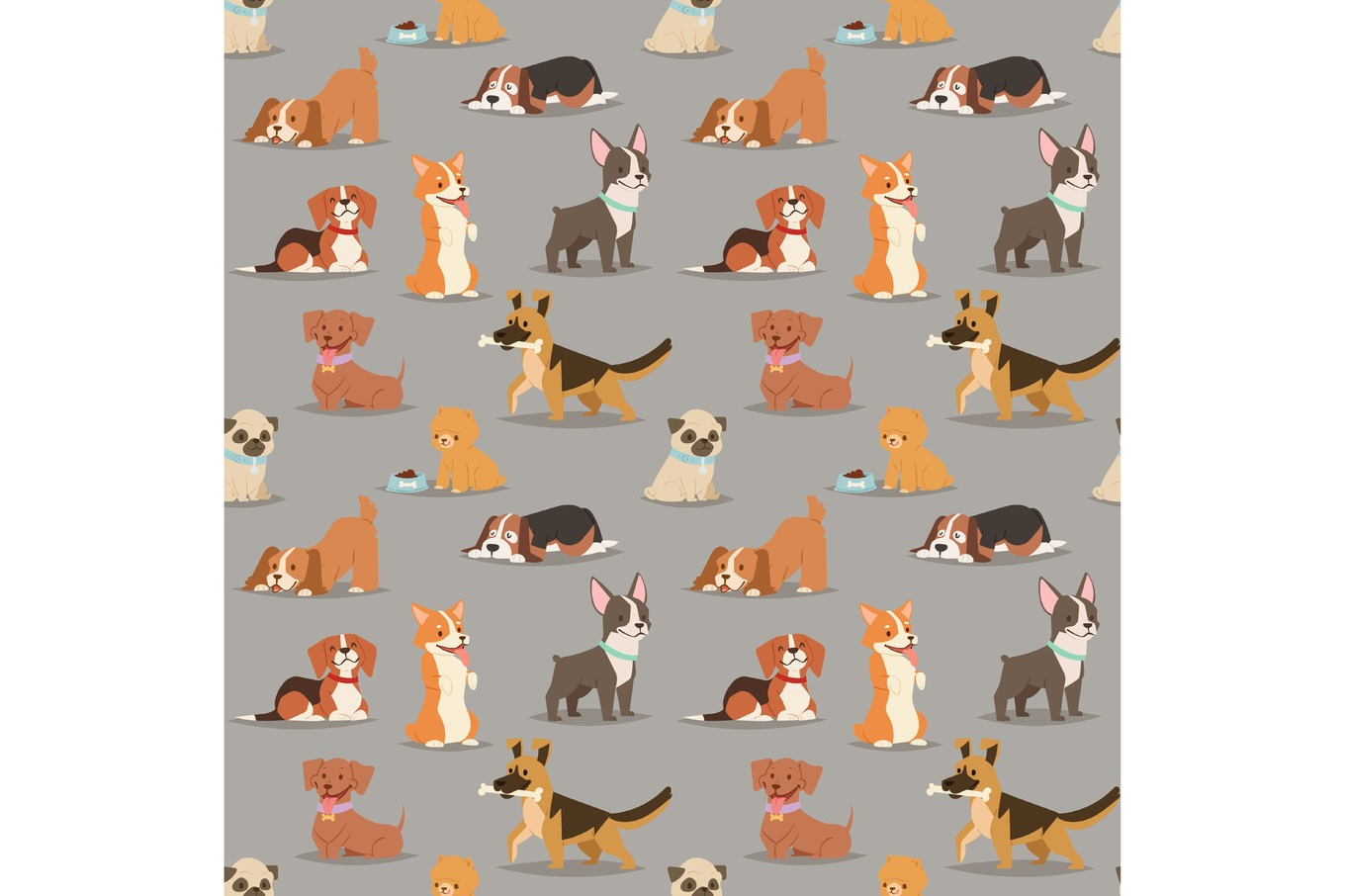 Different dogs breed cute cub puppy whelp characters seamless pattern ...