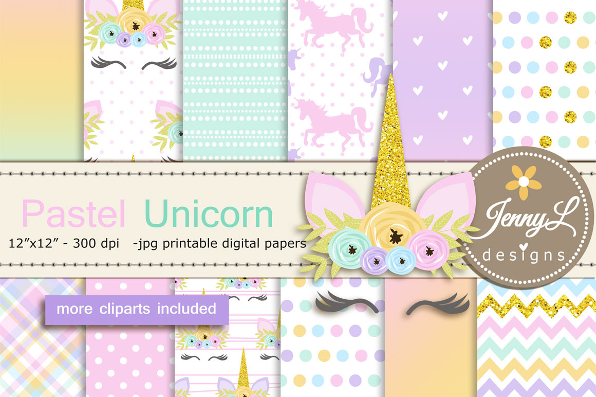 Pastel Unicorn Digital Paper Clipart, a Pattern Graphic by JennyL Designs