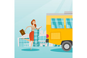Caucasian latecomer woman running for the bus., a Person Illustration ...