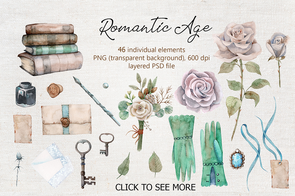 Romantic Age. Vintage watercolor set, a Decorative Illustration by ArtPavo