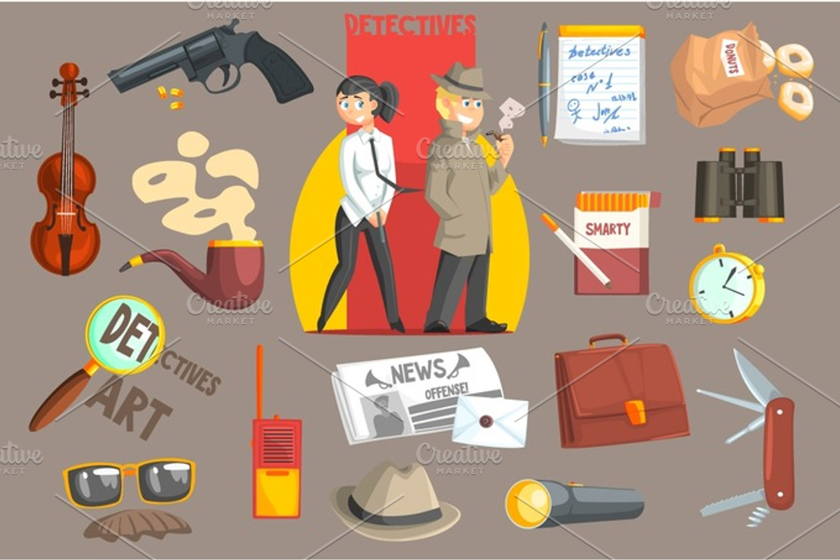 Detectives And Their Equipment Objects Set, an Object Illustration by ...