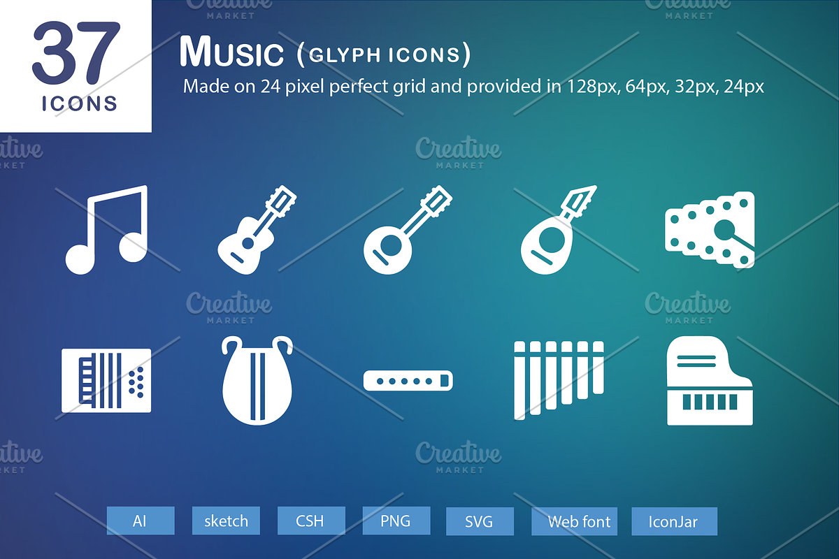 37 Music Glyph Icons, an Icon by Vectopus.com
