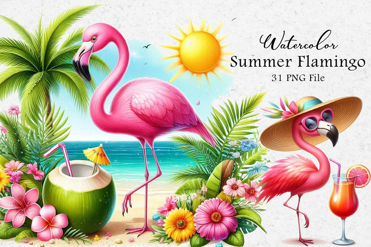 Watercolor Summer Flamingo Clipart, an Illustration by Dream Creation