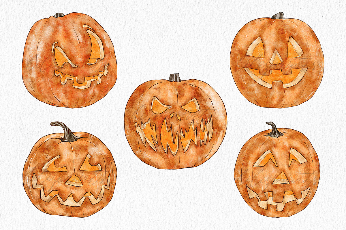 Watercolor Jack-o'-Lantern Clipart, an Illustration by lilisprints