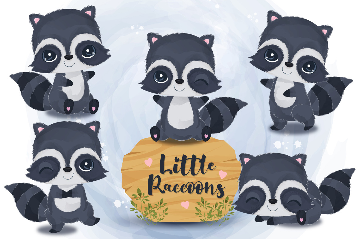 Cute Little Raccoon Clipart Set