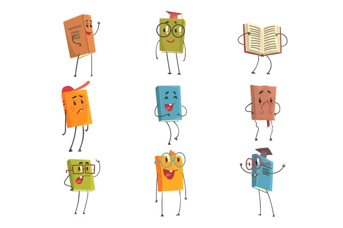 Cute Humanized Book Emoji Characters Representing Different Types Of ...