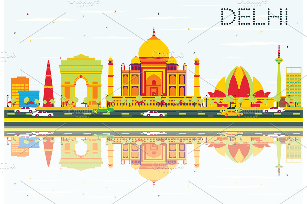 Delhi Skyline with Color Buildings, a Work Illustration by Booblgum ...