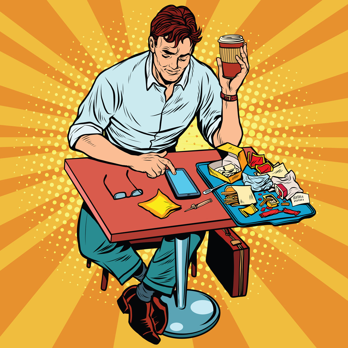 man eats lunch fast food restaurant, a Food Illustration by studiostoks