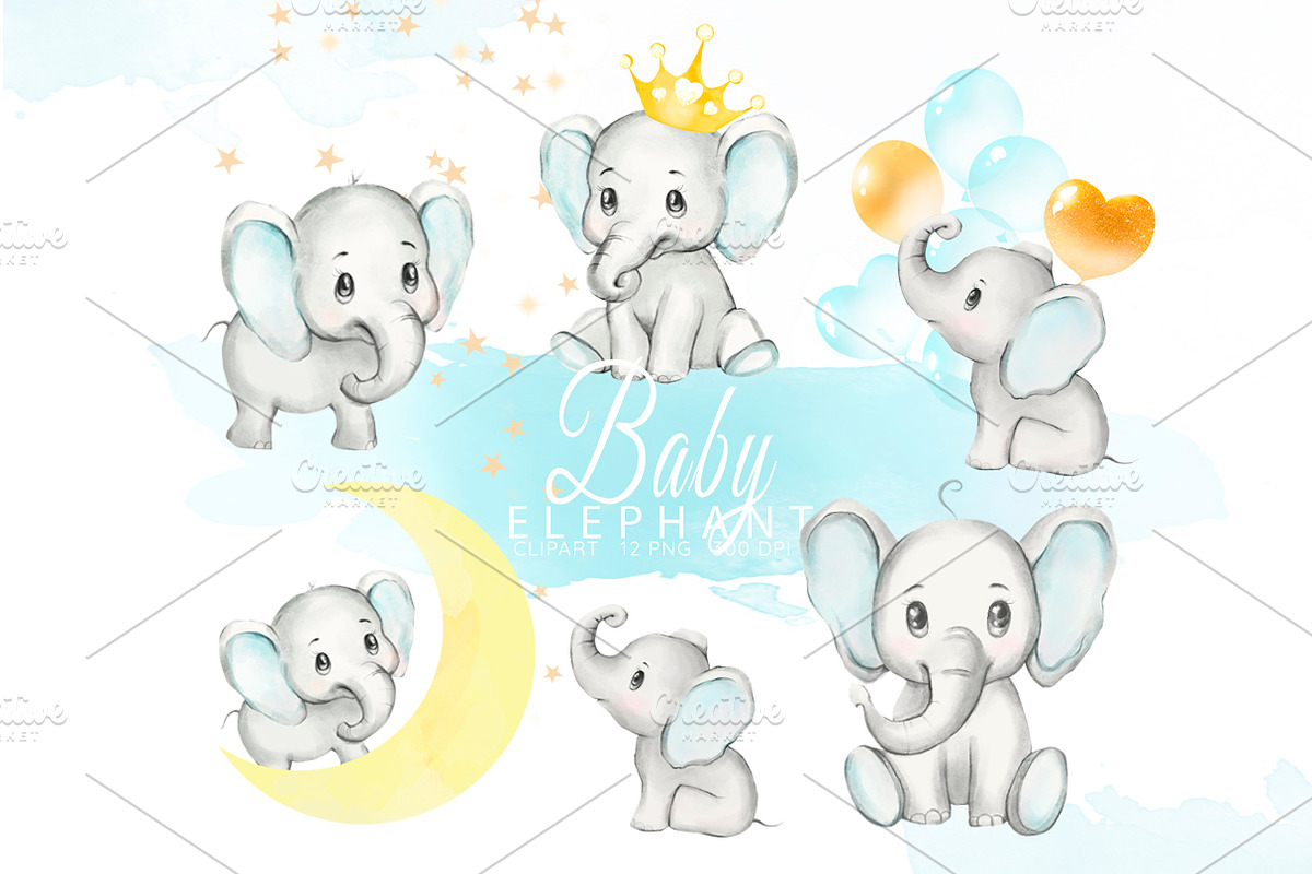 Cute Elephant Watercolor Clipart, an Animal Illustration by StudioBeeArt
