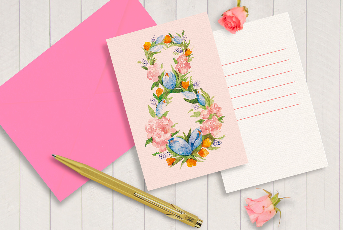 Watercolor 8 march card, a Card Template by Inna Vinchenko Designs