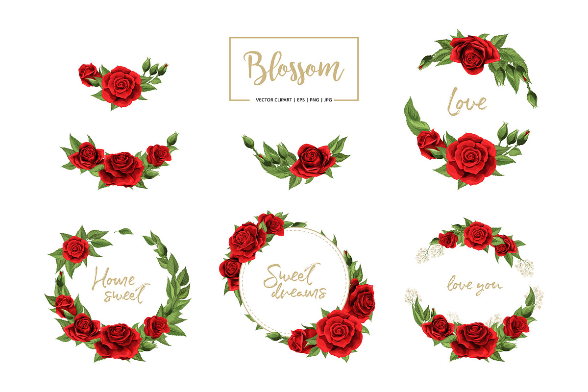 Red rose flower design elements set, a Decorative Illustration by ...