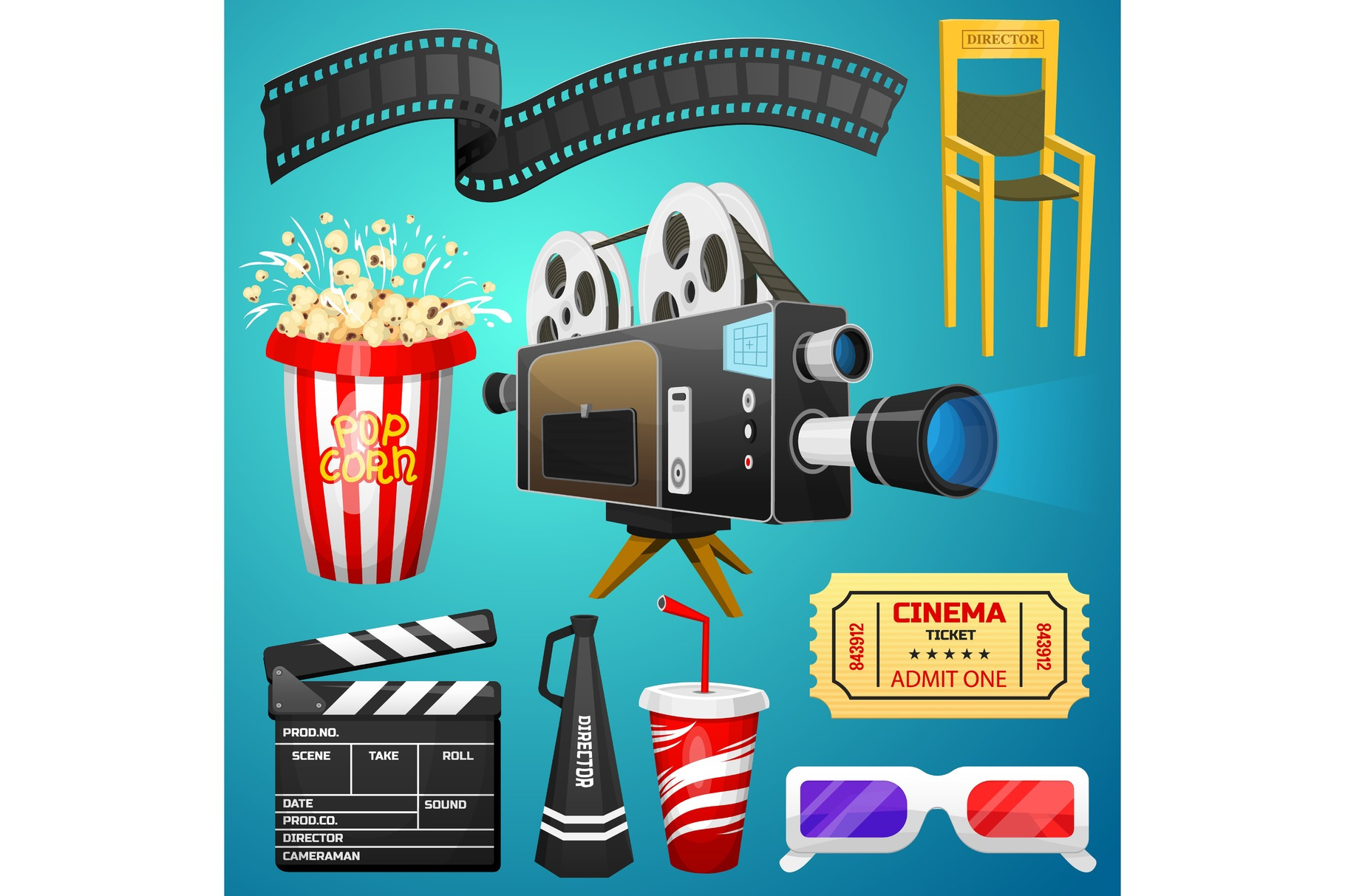 Movie elements set. Vintage cinema, entertainment and recreation with ...