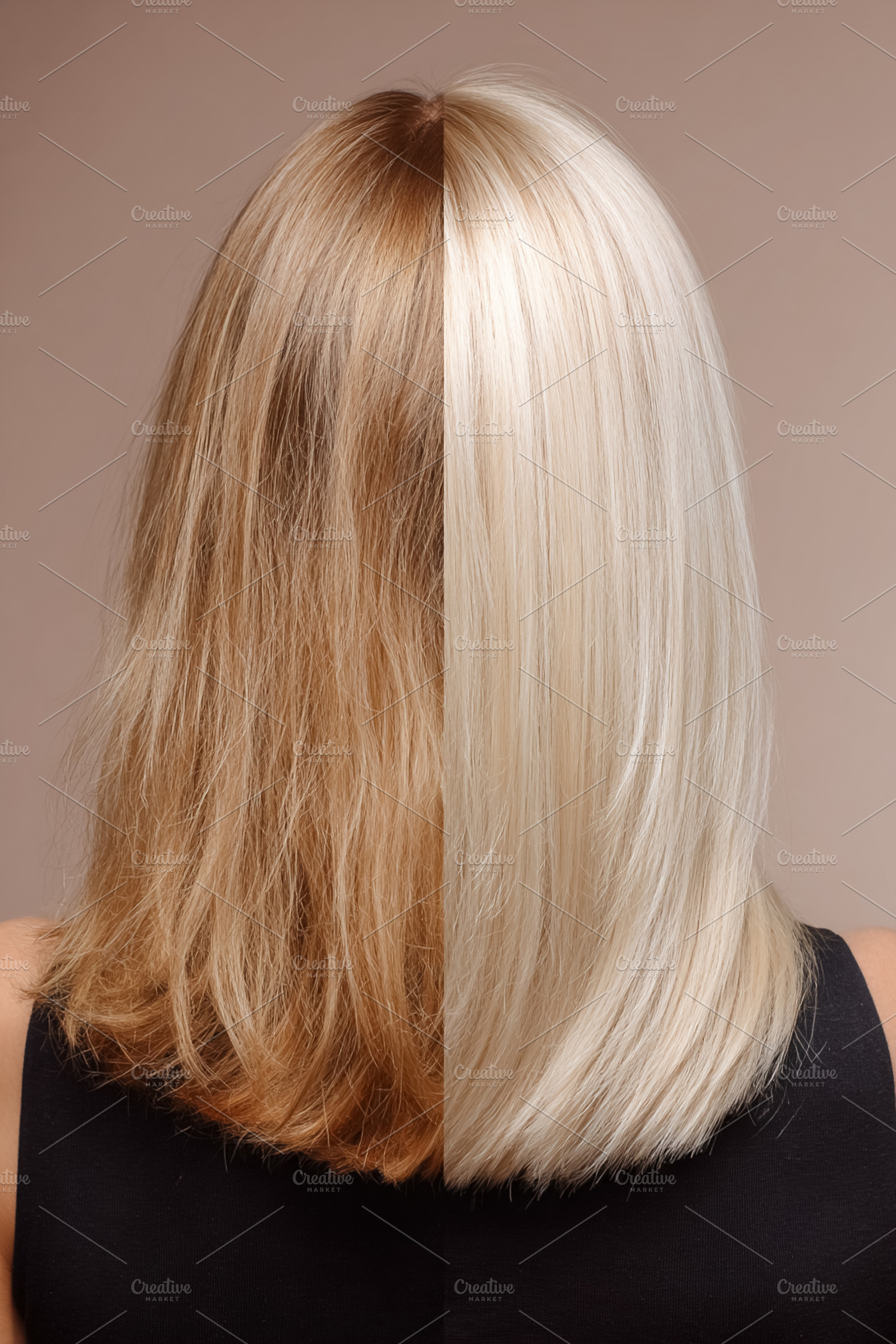 Woman's hair split showing before and after treatment, transforming dry ...