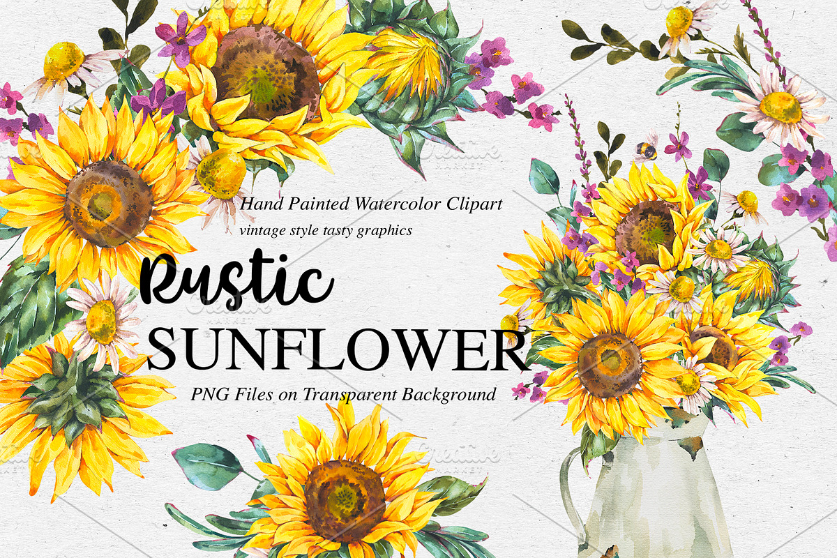 Sunflower rustic watercolor flowers, an Illustration by Depiano