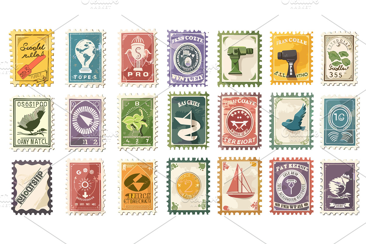 Postage stamps cartoon vector set, an Object Illustration by Stock ...