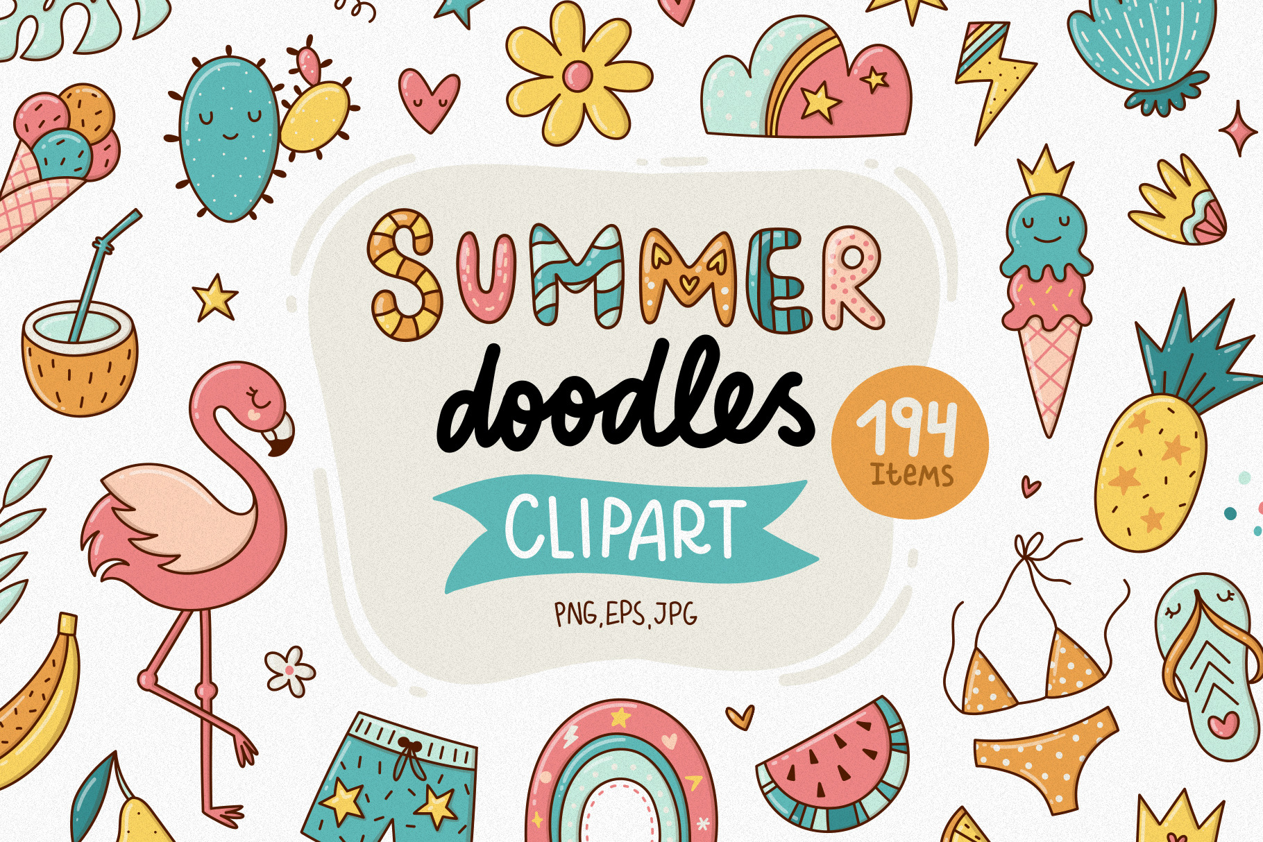Summer Doodle Clipart - Tropical Set, an Illustration by Velliniki