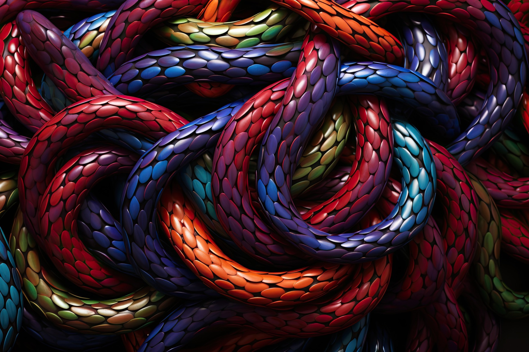 Intertwined, tangle of multi-coloured snakes with clear scale texture ...