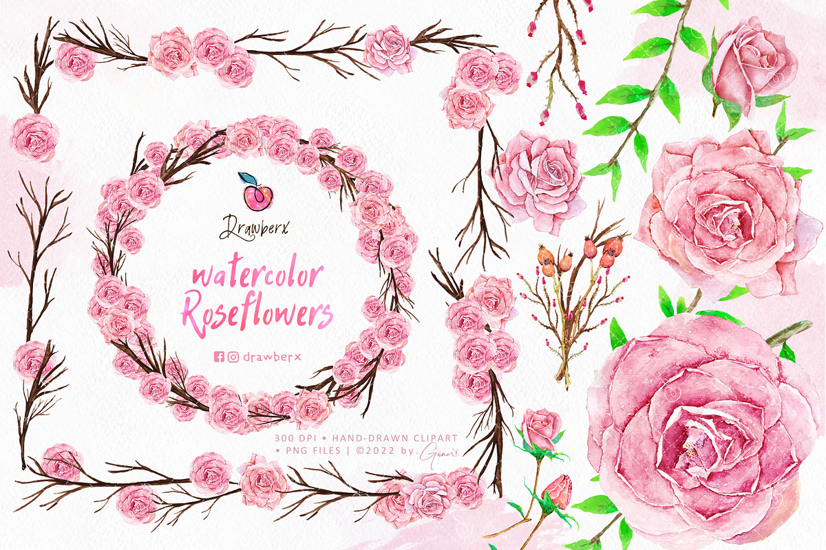 Roses Watercolor floral frames 028, an Illustration by Drawberx