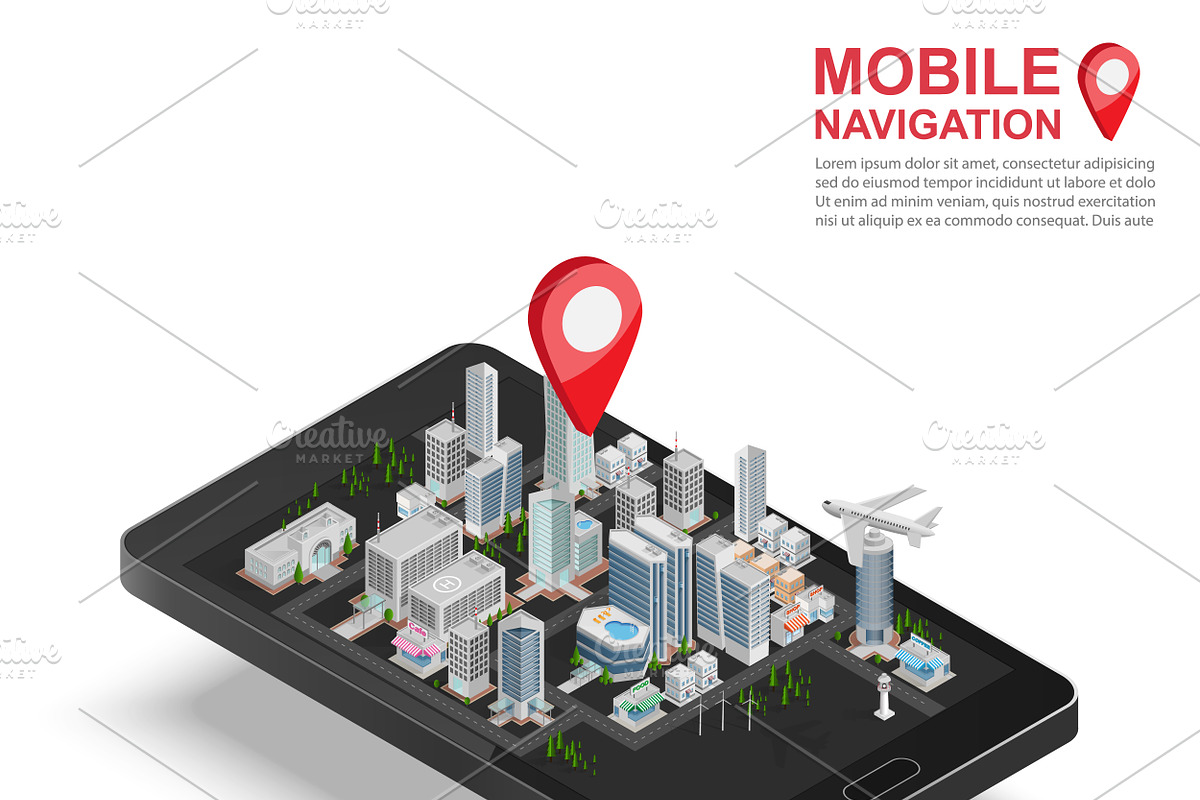 3d isometric mobile GPS navigation, a Technology Illustration by S_design