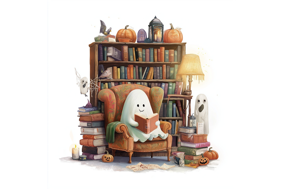 Prompt Boho Ghosts Reading Clipart, a Decorative Illustration by ...
