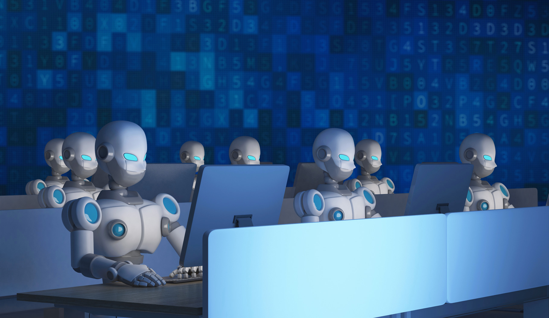 Group of robots using computers with data code. Artificial intelligence ...
