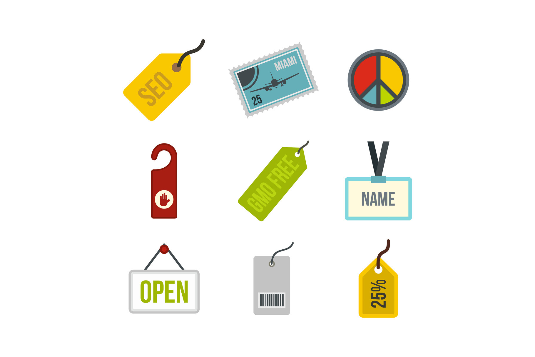 Label icon set, flat style, an Illustration by Ylivdesign