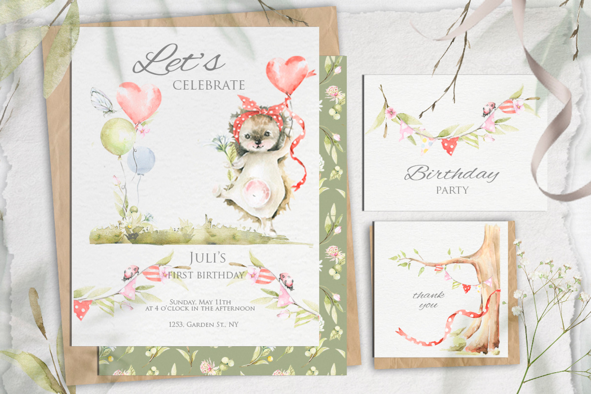 Forest birthday Watercolor clipart, an Animal Illustration by 60secondsArt