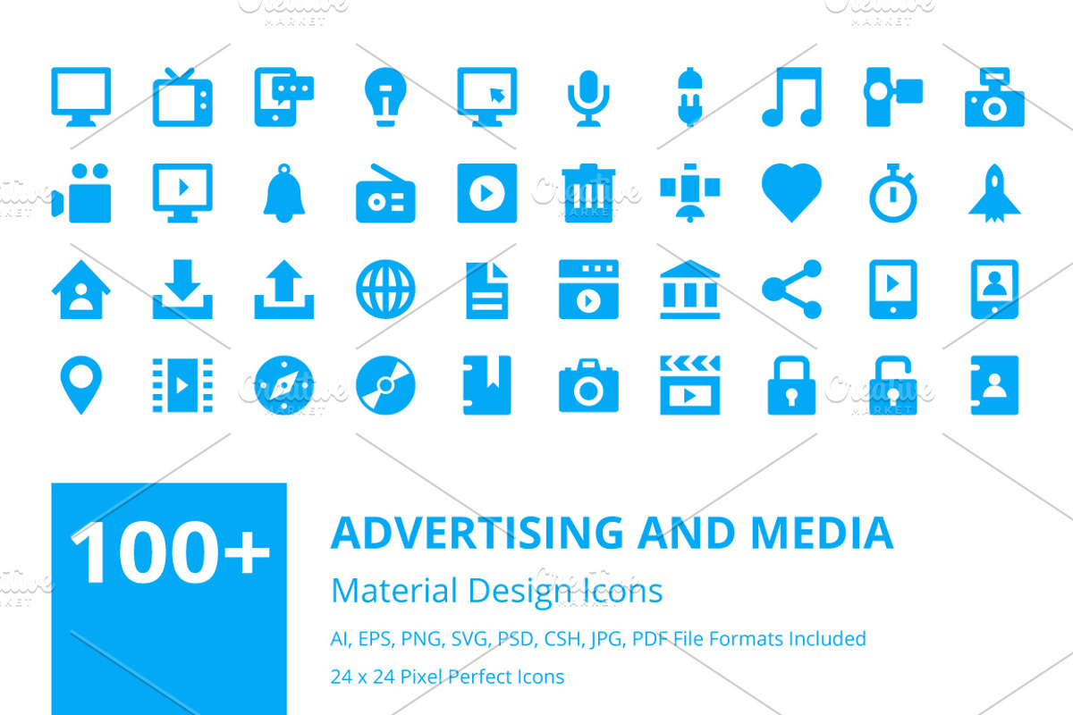 100+ Advertising and Media Icons Set, an Icon by Creative Stall