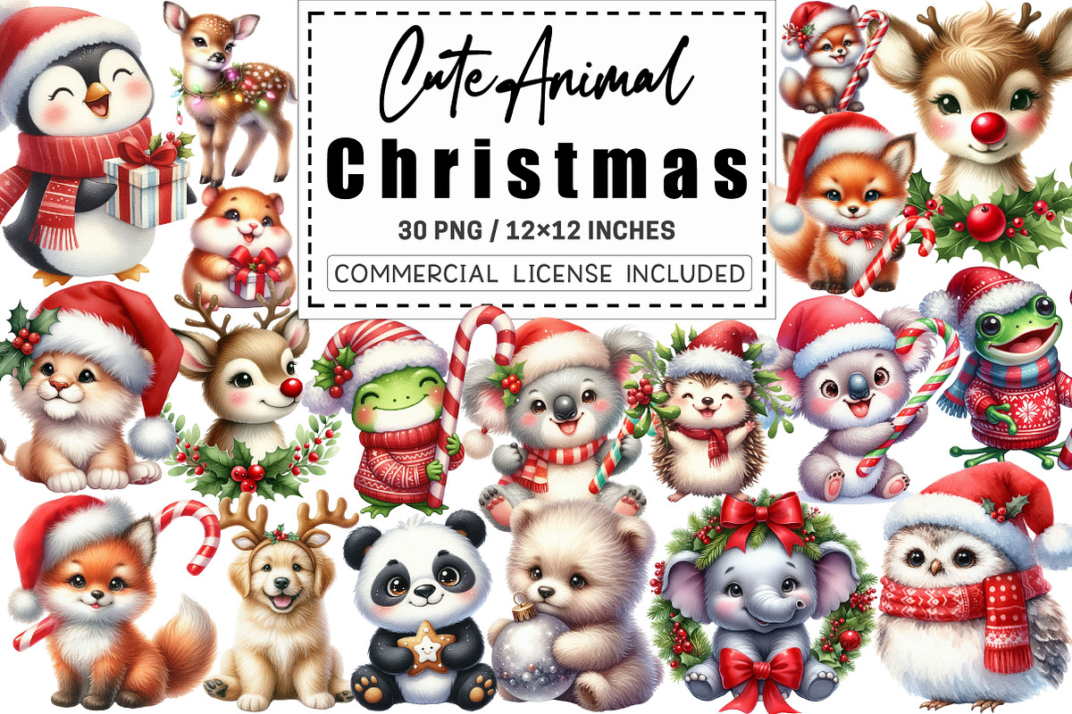 Cute Animal Christmas Clipart Bundle, a Graphic by CitraGraphics
