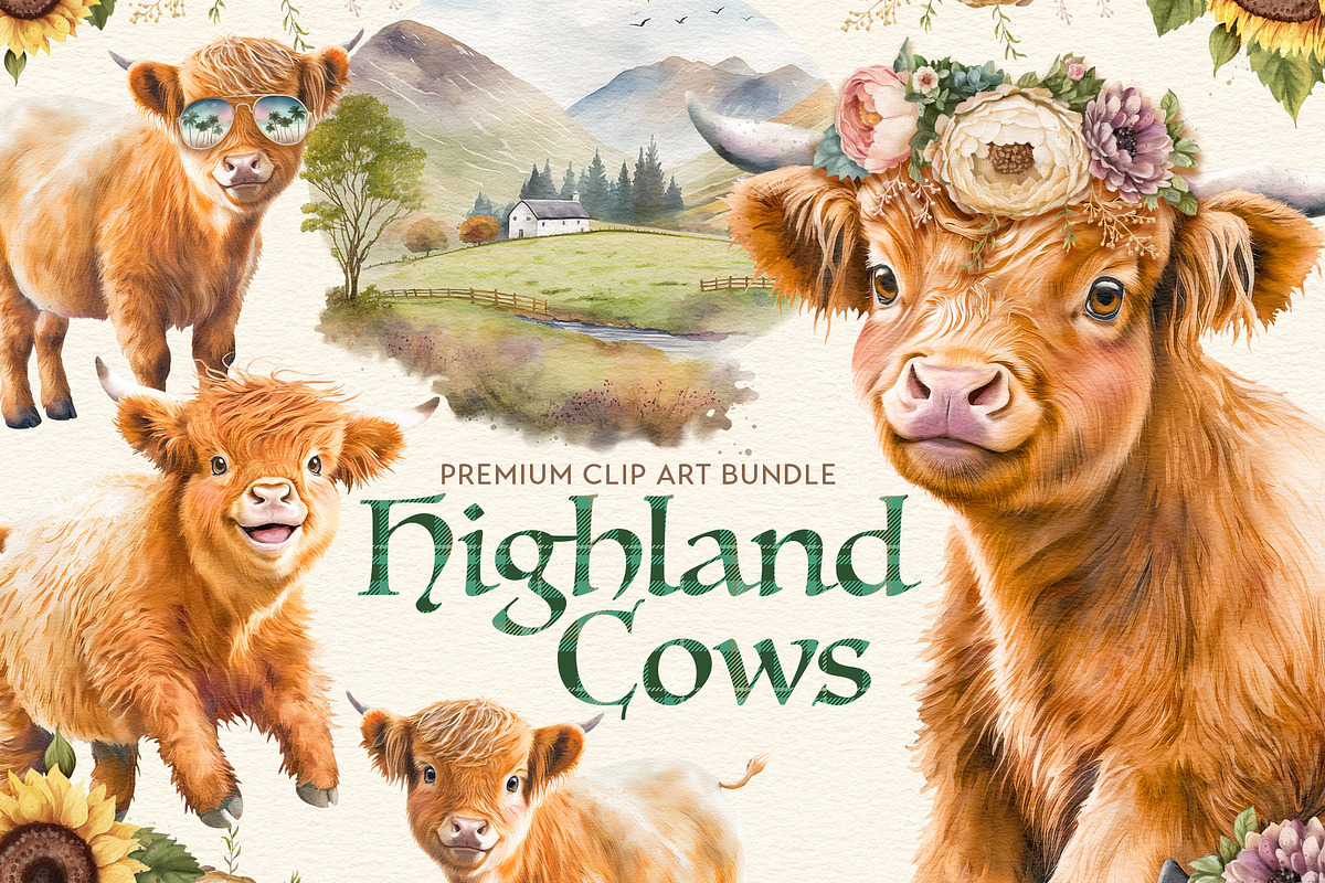 Highland Cows Clipart, an Animal Illustration by Clip Art by Elise M