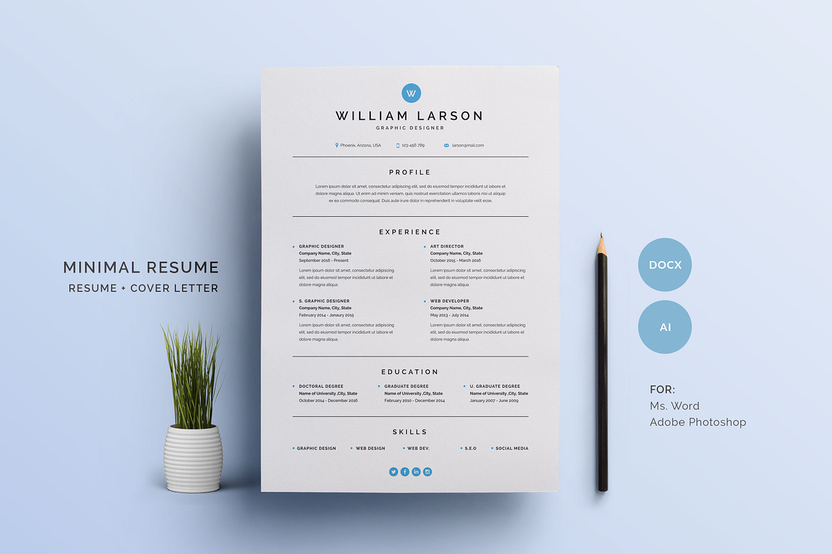 Minimal Resume, a Resume Template by GraphicaShop