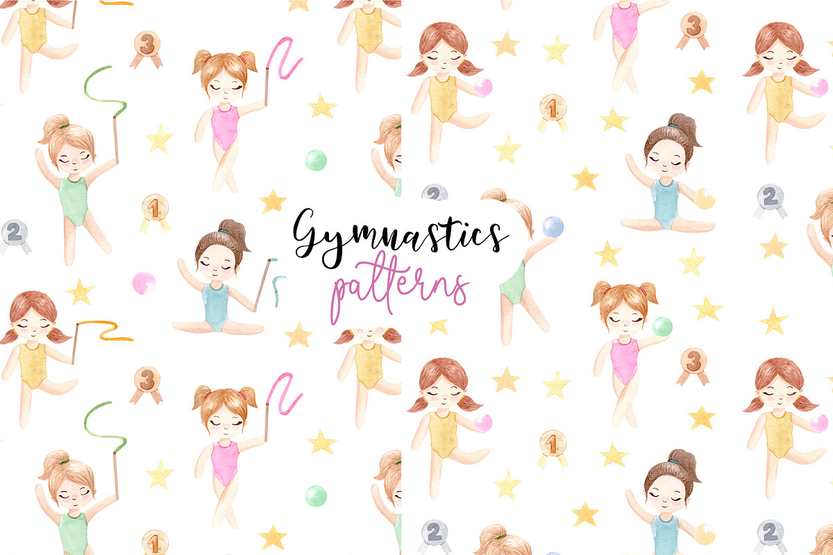 Watercolor Gymnastic Girls. Patterns, an Object Graphic by Slastick
